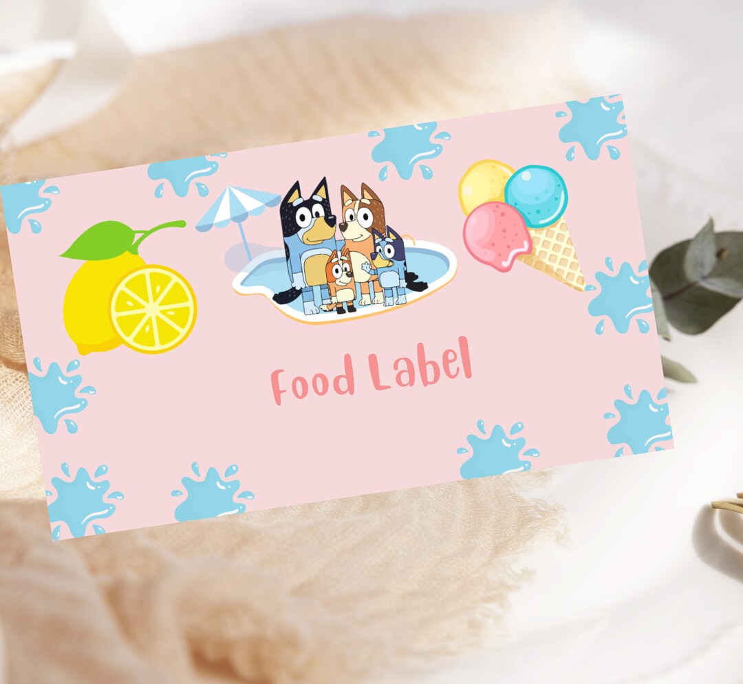 Editable Bluey Girl Food Label Cards, Bluey Pool Party Favor Label ...