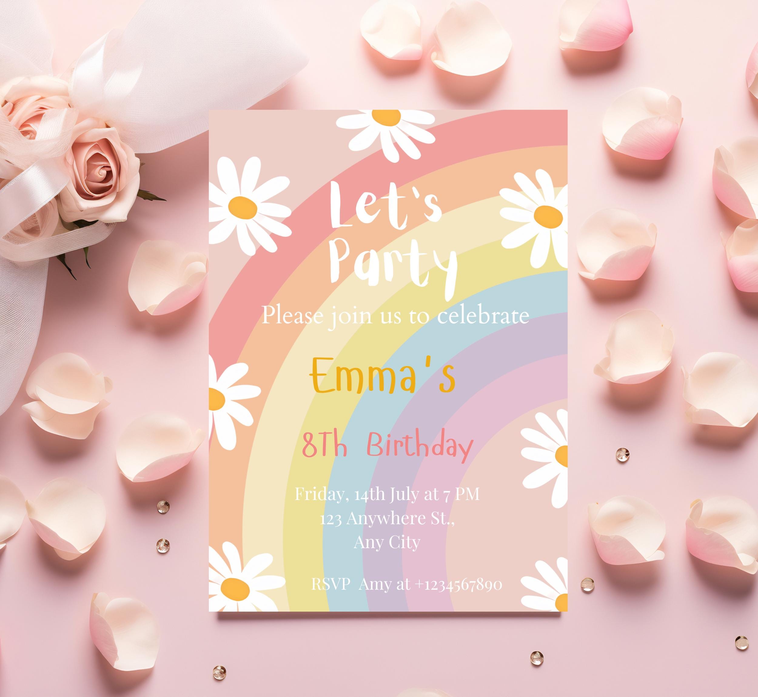 Editable Daisy Pastel Rainbow Birthday Party Invitation, Groovy Retro ...