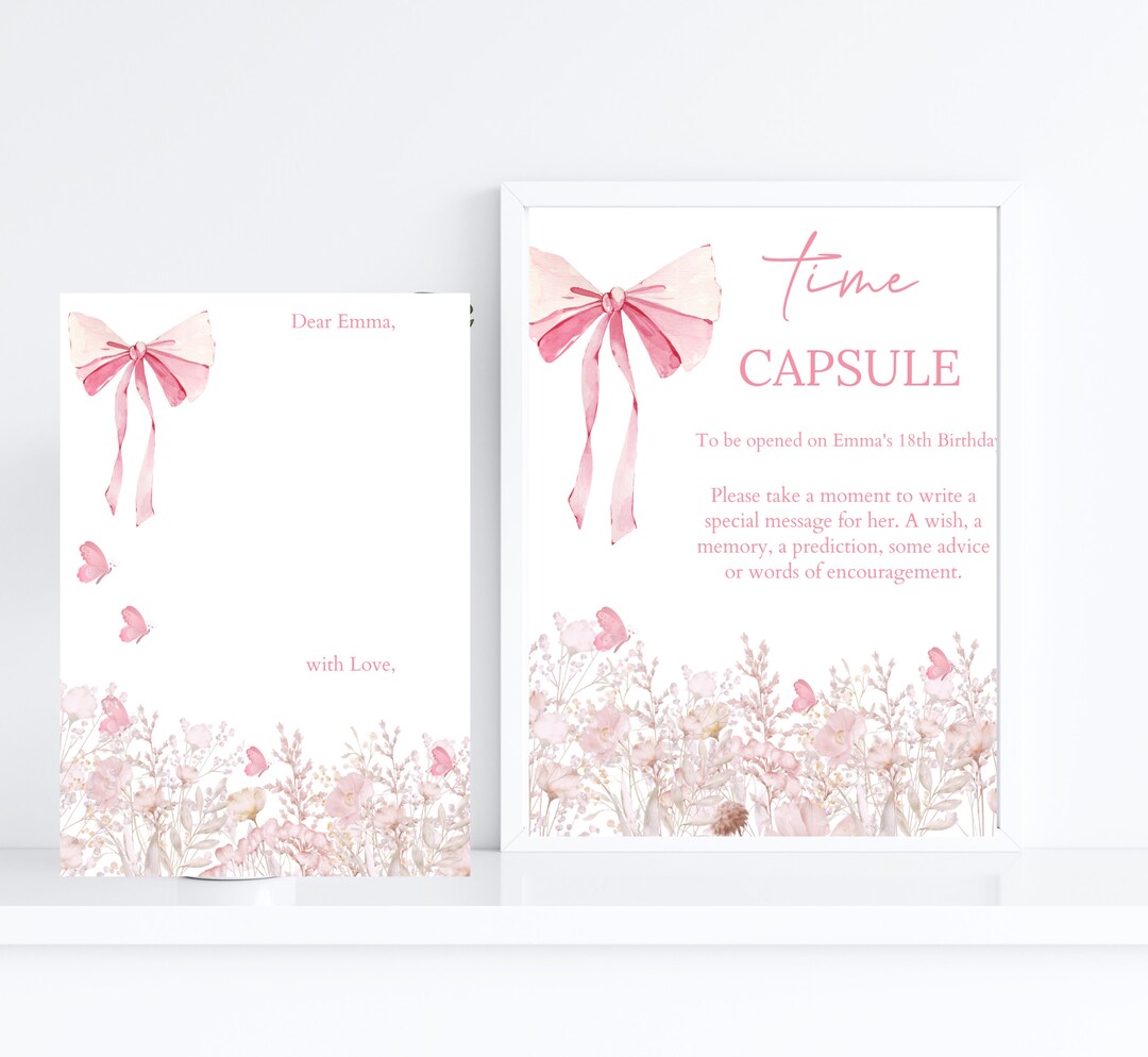 Editable Pink Bow Time Capsule Sign for Birthday, Minimalist Birthday ...