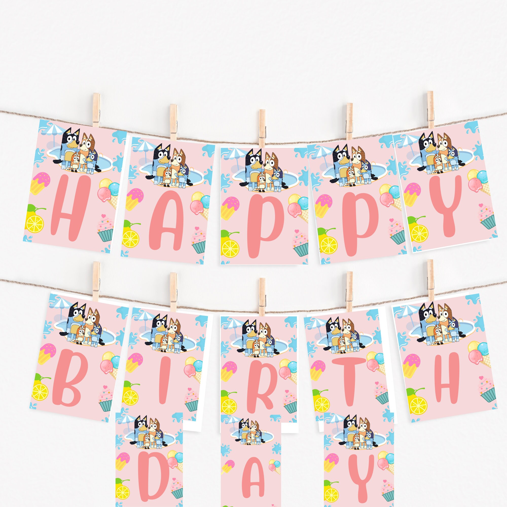 Editable Girl Bluey Happy Birthday Sign, Printable Bluey Pool Party ...