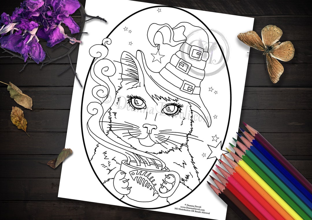 Black Cat Coloring Page Witch Cat Art Printable Coloring Page Animal ...