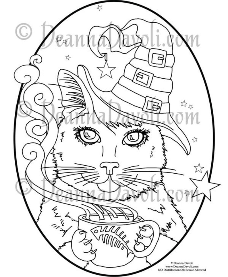 Black Cat Coloring Page Witch Cat Art Printable Coloring Page | Etsy