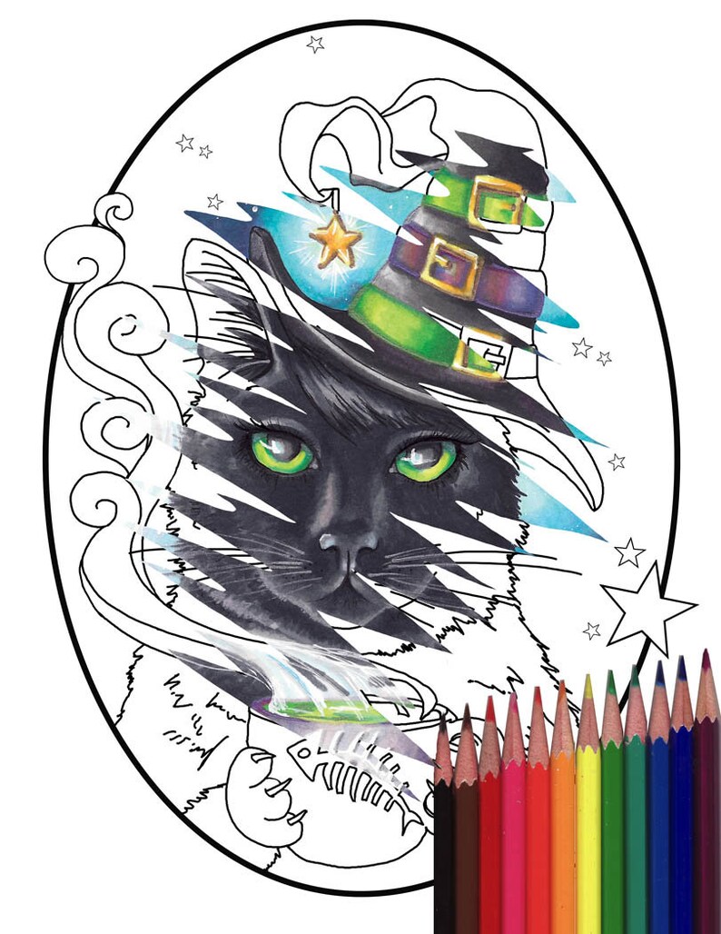 Black Cat Coloring Page Witch Cat Art Printable Coloring Page | Etsy