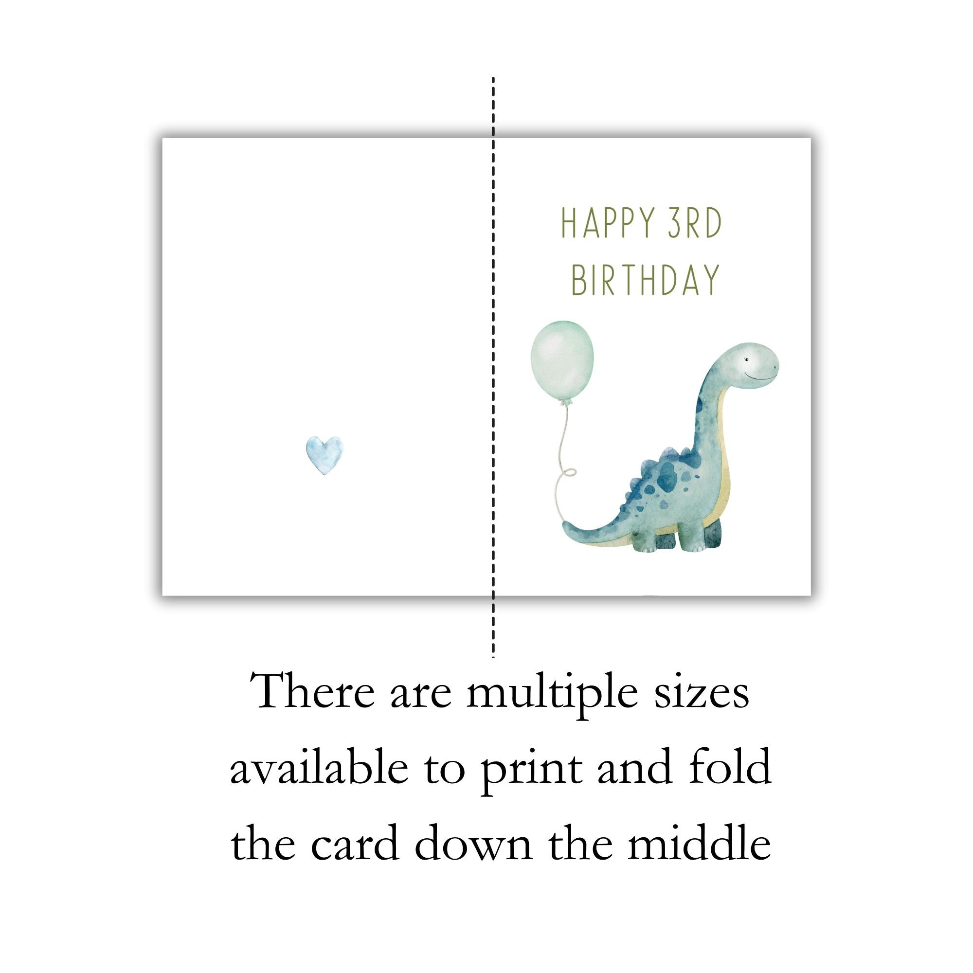 3rd Birthday Card Printable Dinosaur Bday Card for 3 Year Old Boy or ...