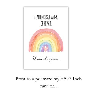 Printable Teacher Thank You Card Rainbow Theme End of Year Gift for ...