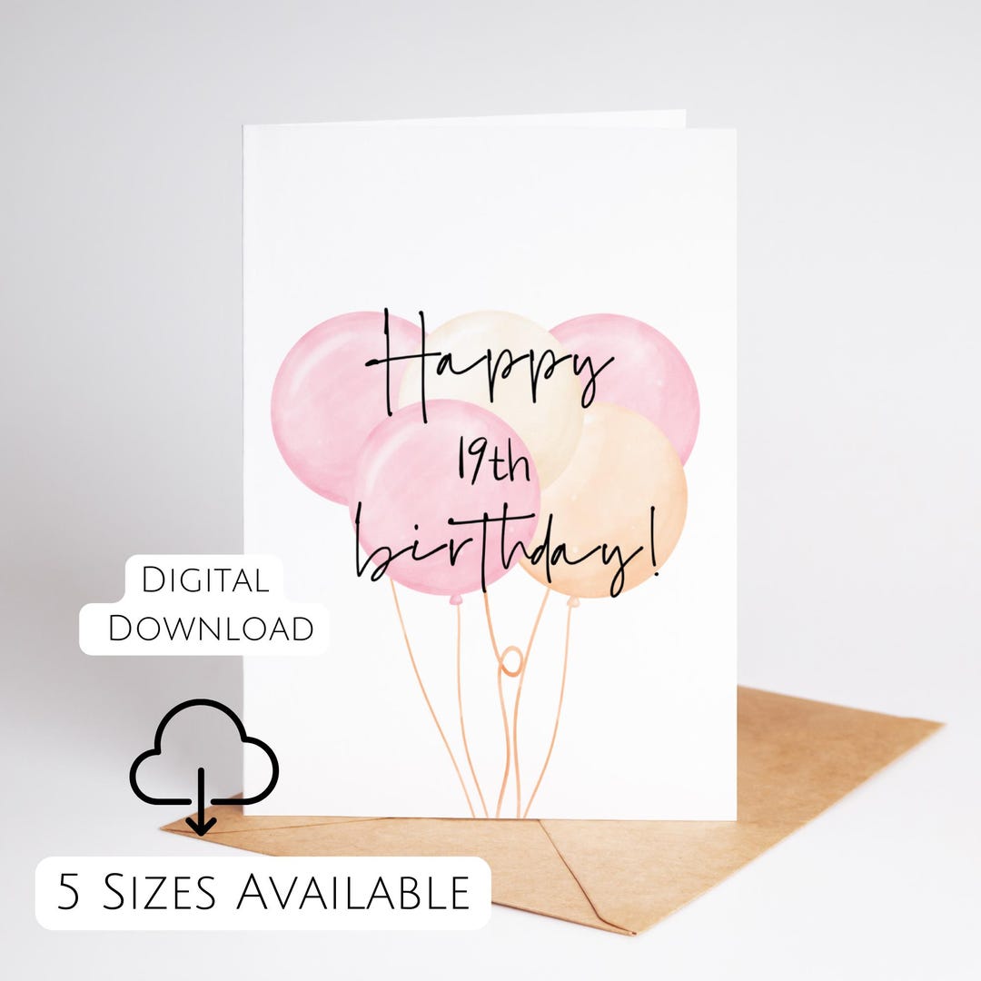19th Birthday Card Printable Pink 19th Bday Card for Her 19 Year Old ...
