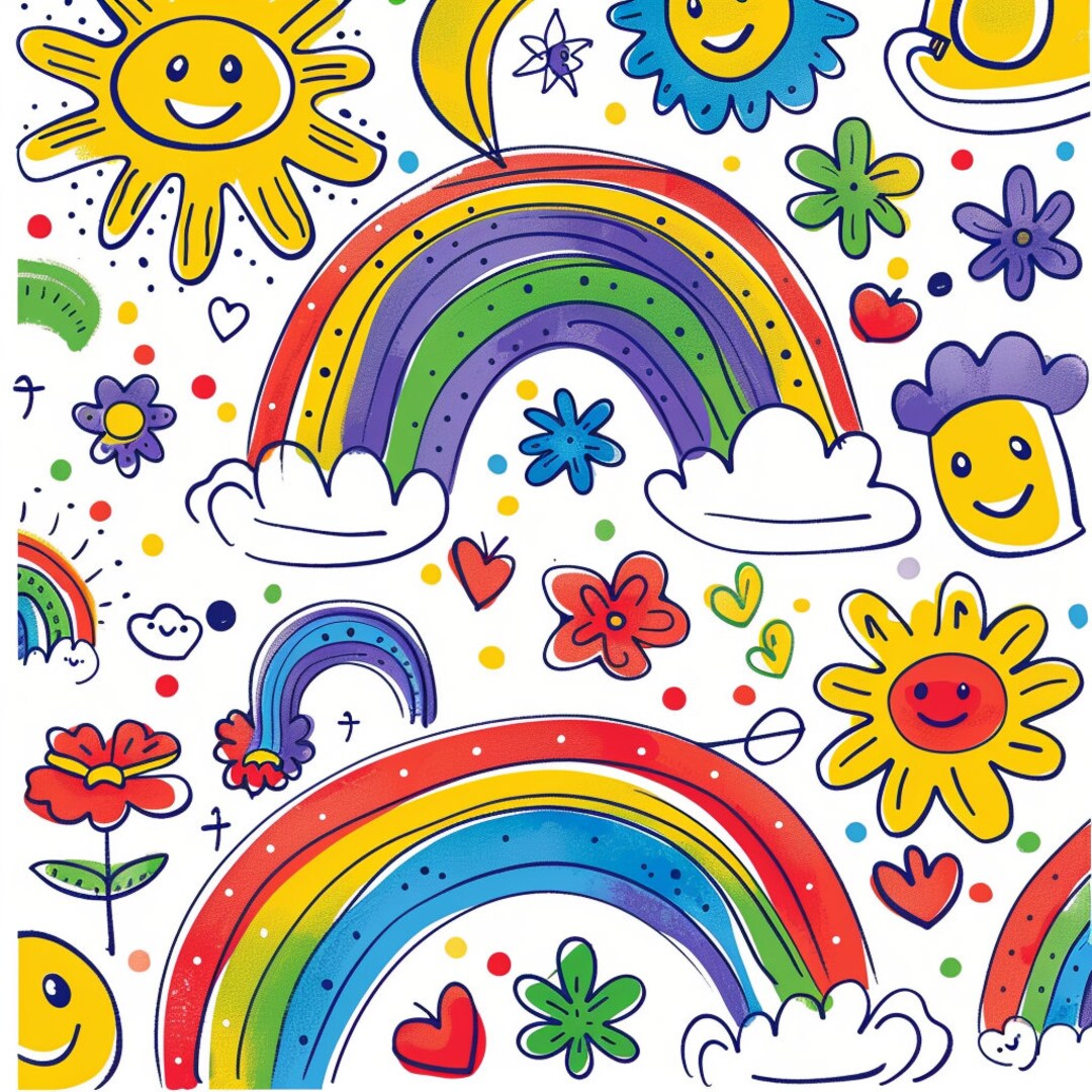 Doodle Hand Drawn Rainbows Flowers - Etsy