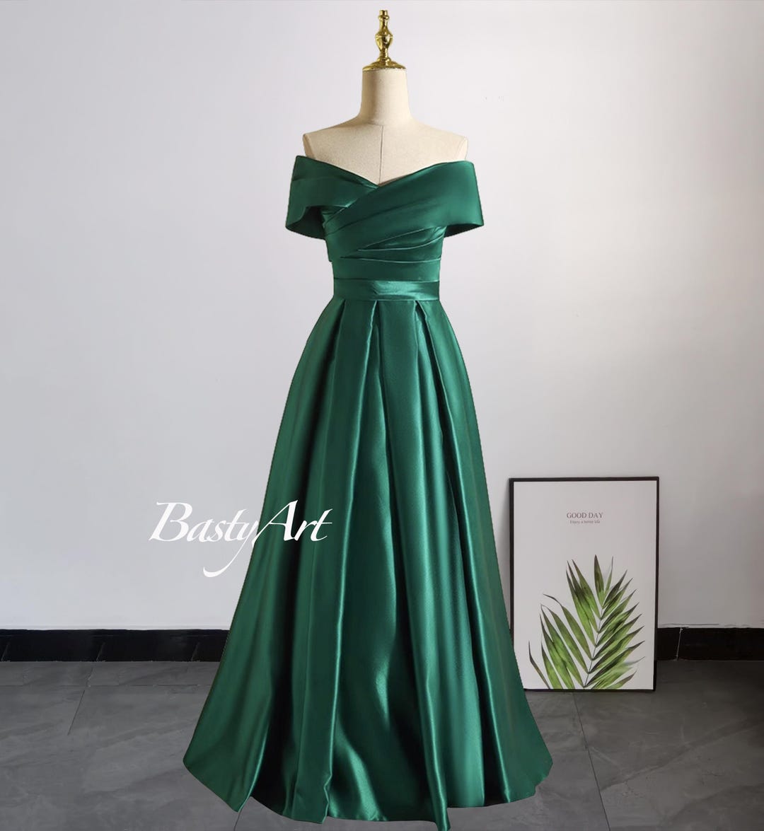 Elegant Green Satin off Shoulder Prom Dress, Solid Green Prom Gown, Dancing Party Ball Gown ...