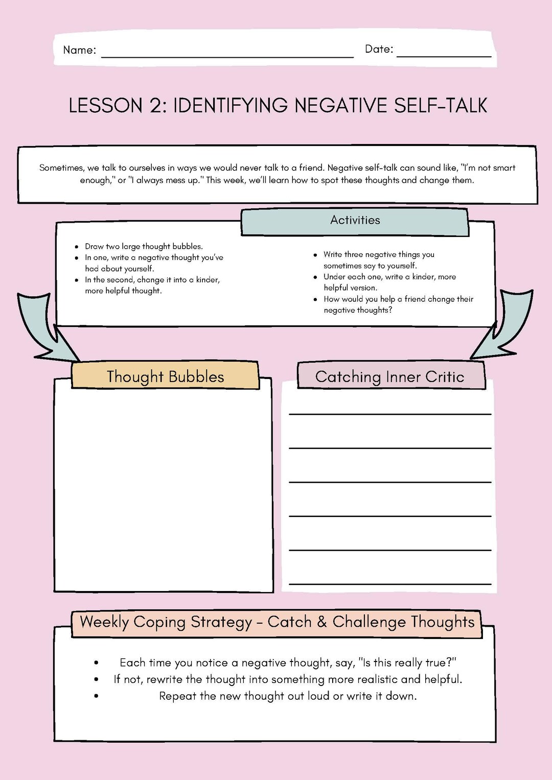 Identifying Negative Self Talk (self-esteem Worksheet for Kids 2/10) - Etsy