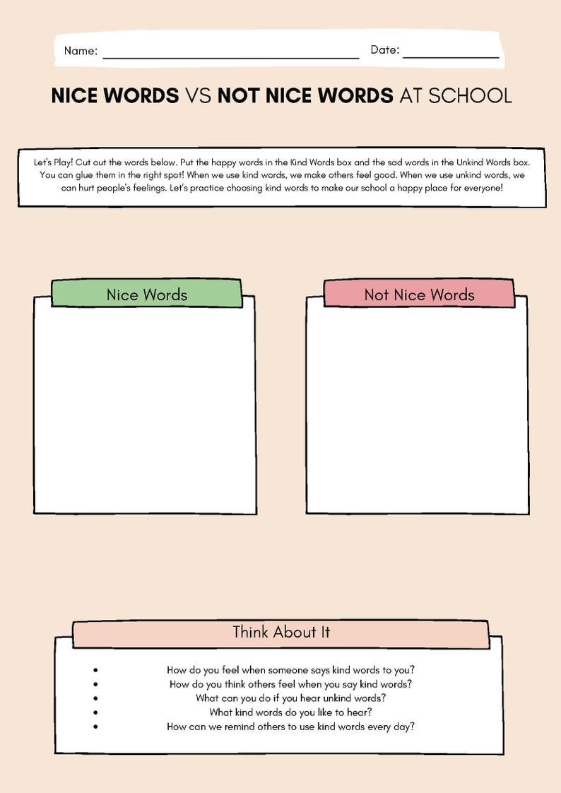 Nice Vs Not Nice Words Sorting Activity - Etsy