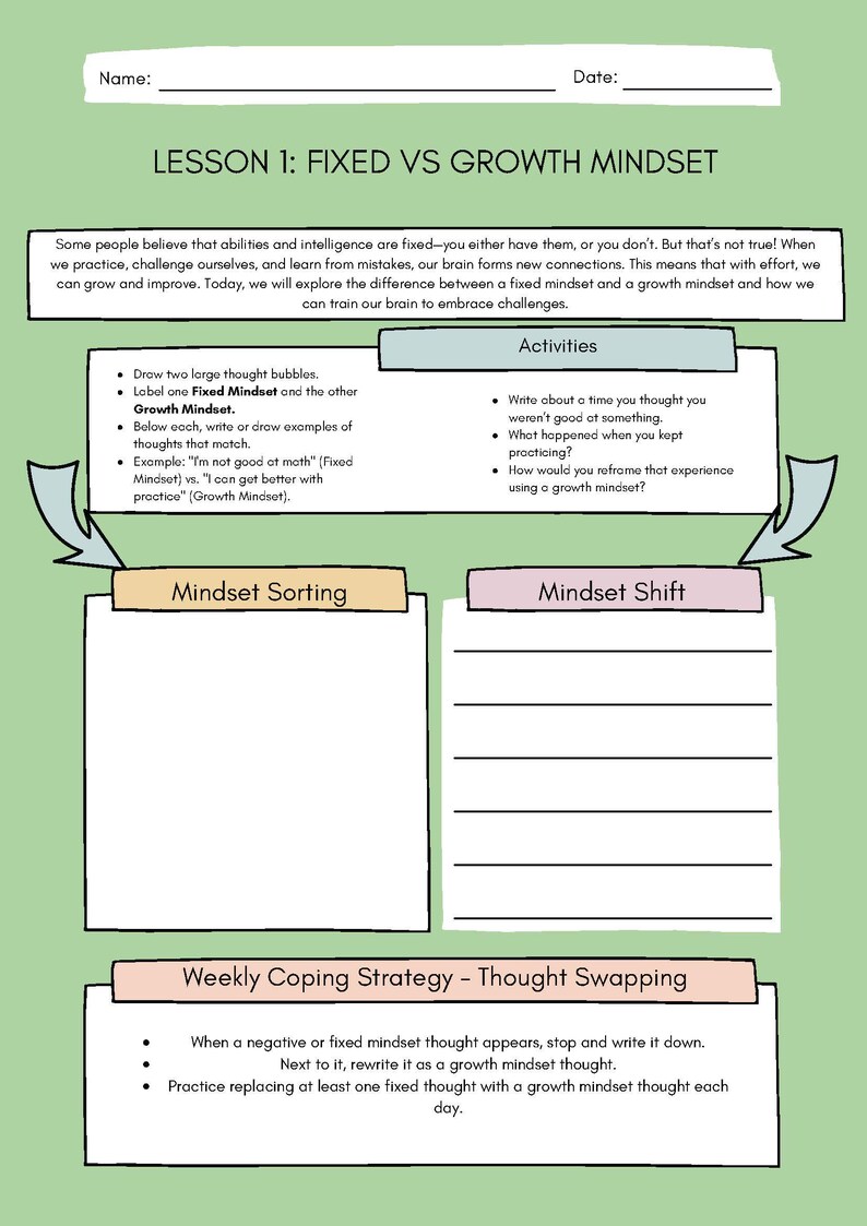 Fixed Vs Growth Mindset (growth Mindset Worksheet for Kids 1/10) - Etsy