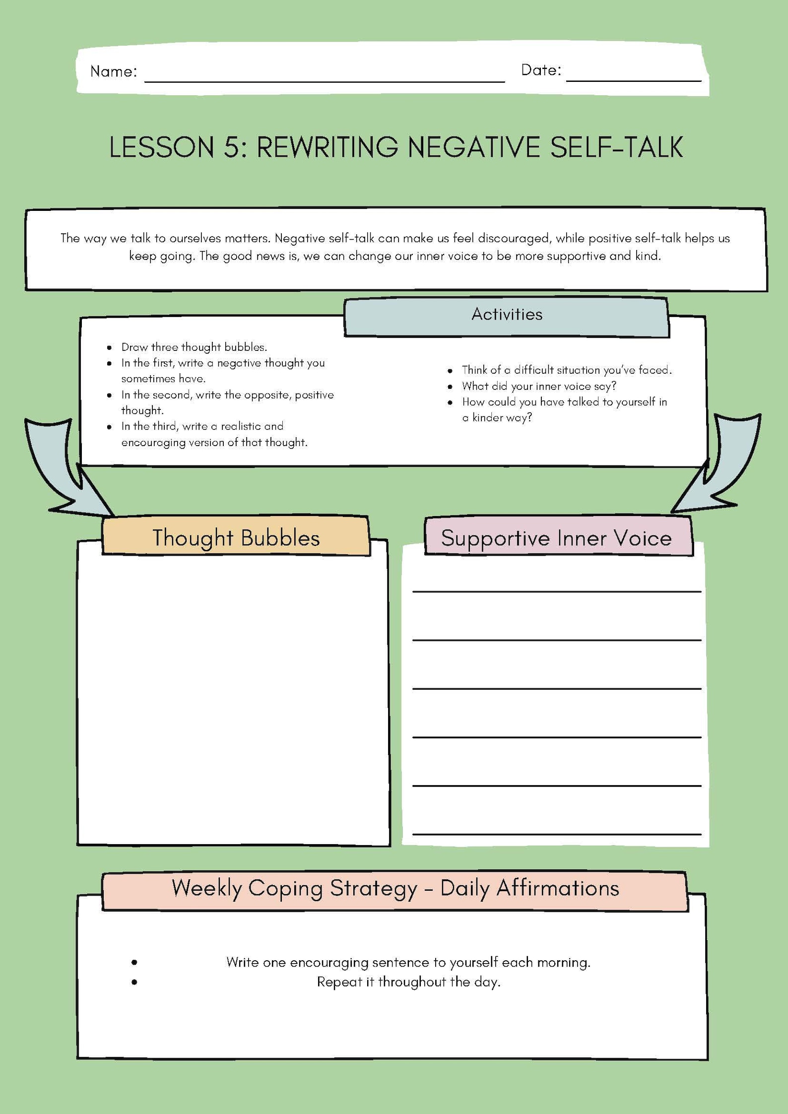 Rewriting Negative Self Talk (growth Mindset Worksheet for Kids 5/10 ...