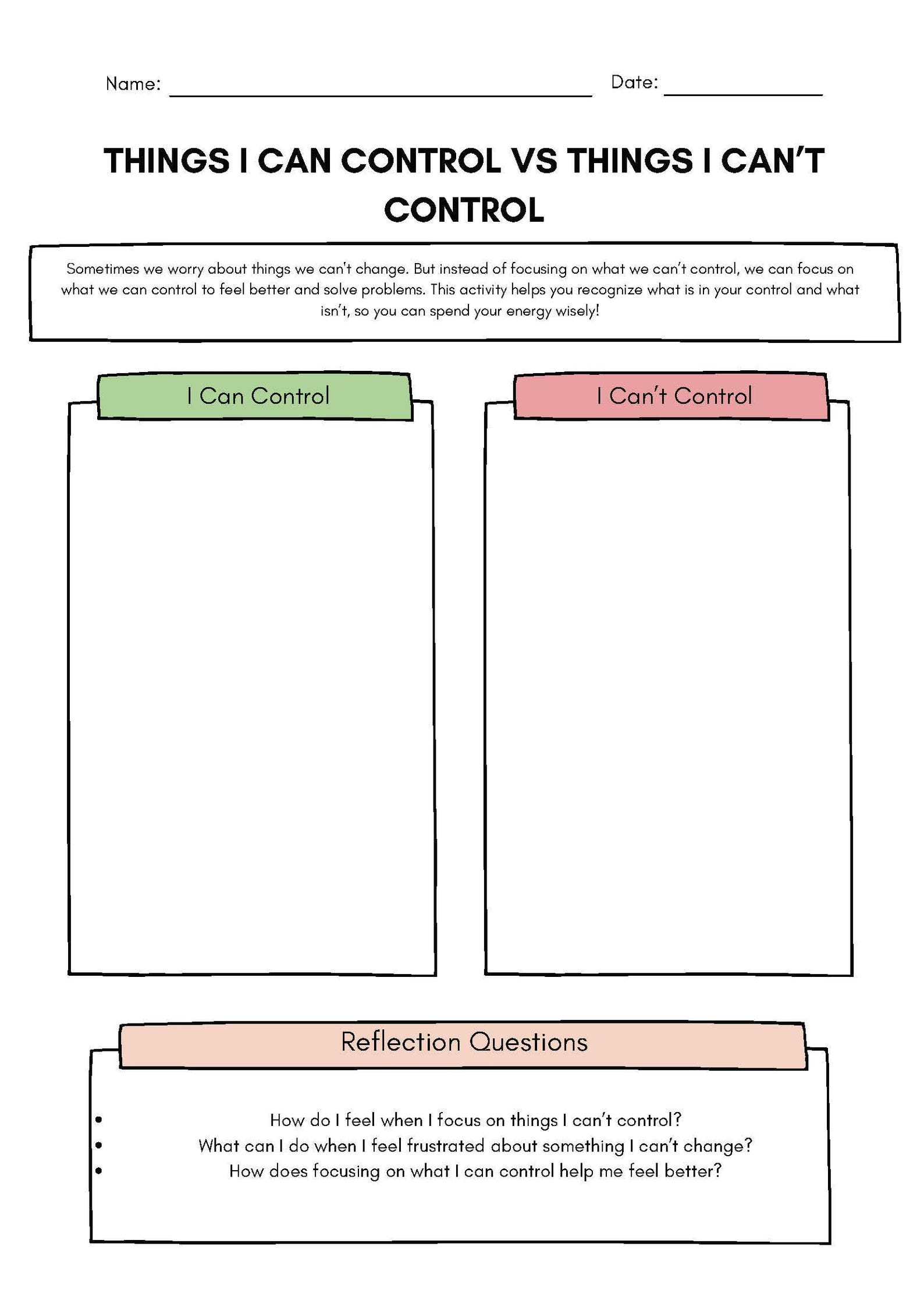 Things I Can Control Vs. Things I Can’t Control Sorting Activity - Etsy