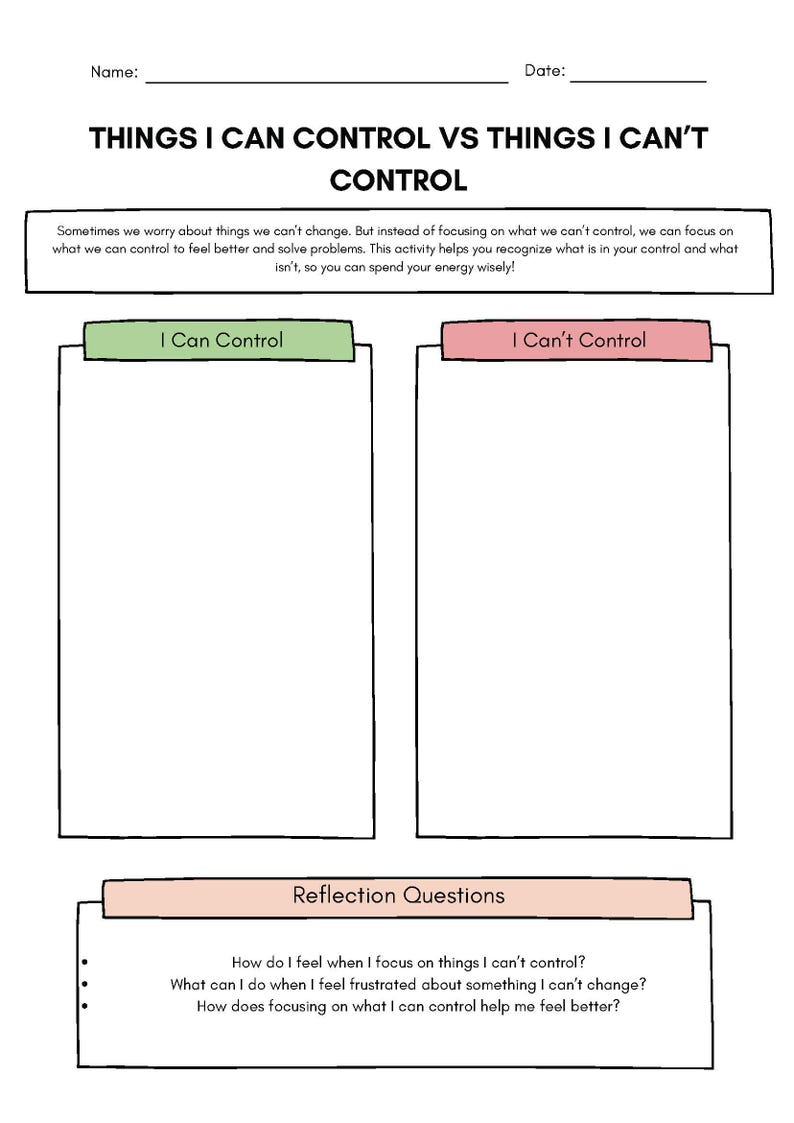 Things I Can Control Vs. Things I Can’t Control Sorting Activity - Etsy