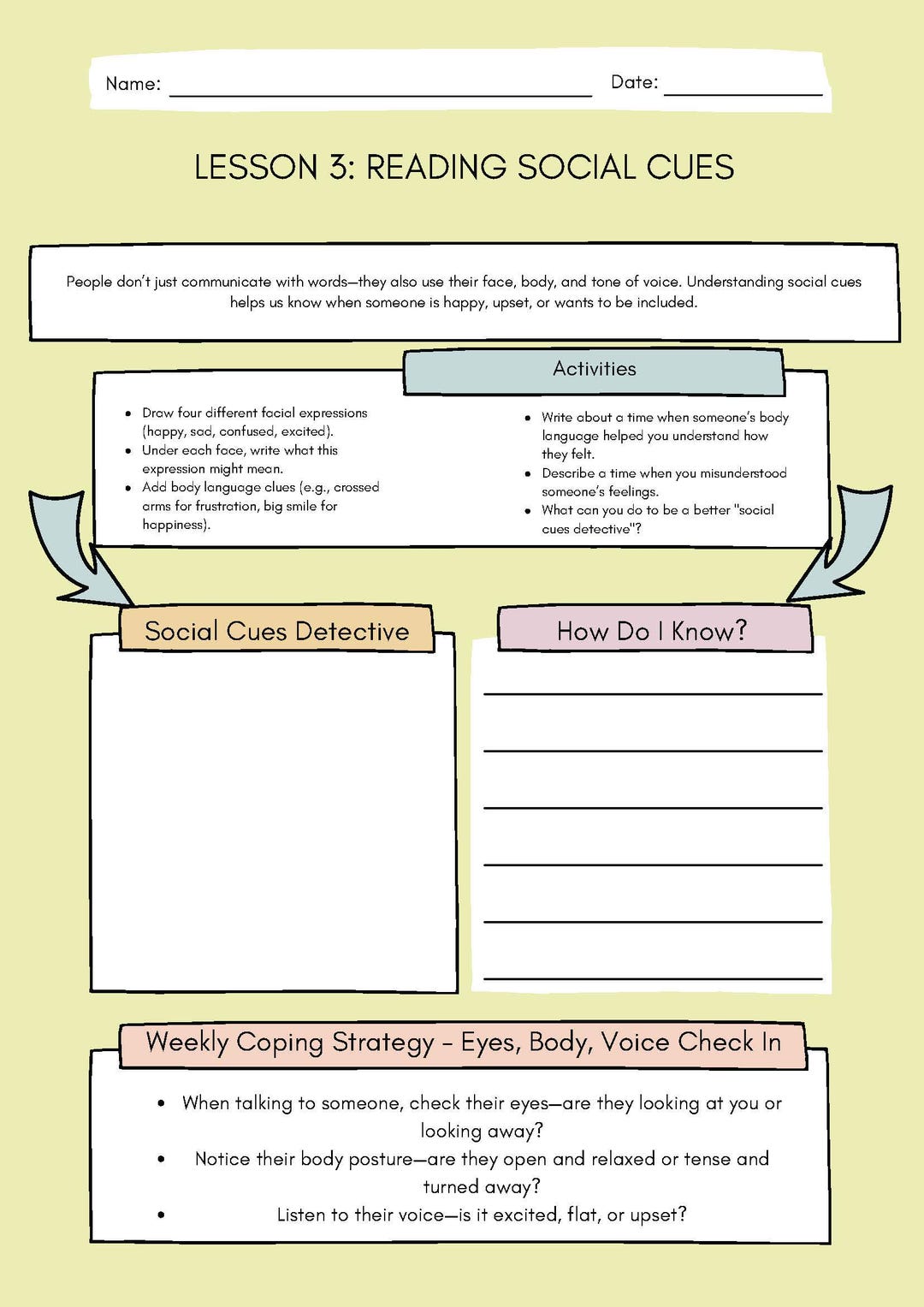 Reading Social Cues (social Skills Worksheet 3/10) - Etsy