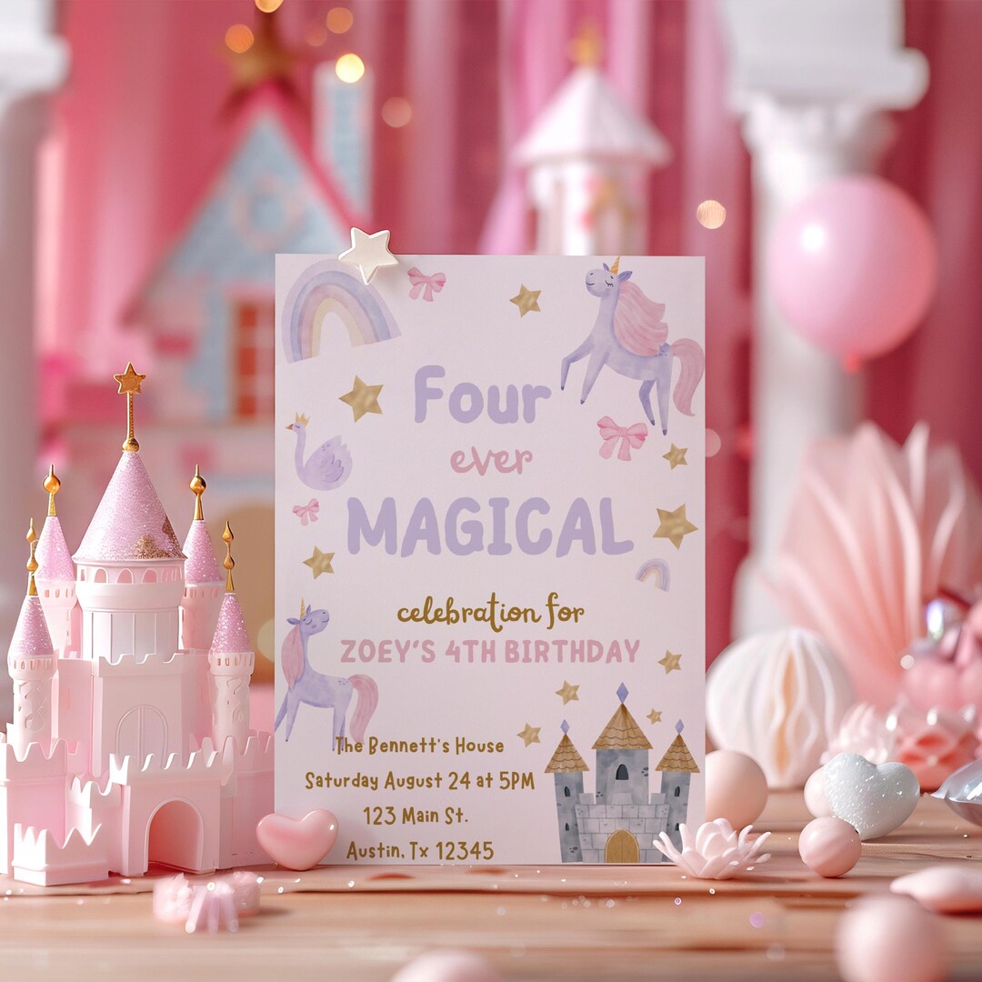 Editable Four Ever Magical Birthday Invitation Four Ever Magical Party ...