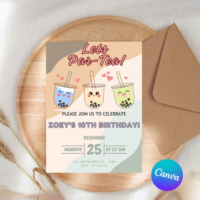 Boba Tea Party Invitation, Girl Birthday Par-tea Invitation, Boba Milk ...