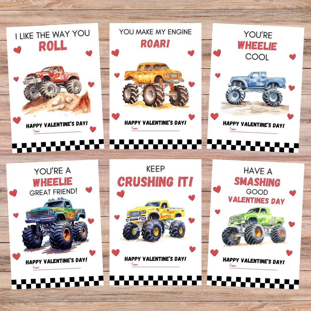 Monster Truck Valentine’s Day Cards, Kids Printable, Classroom ...