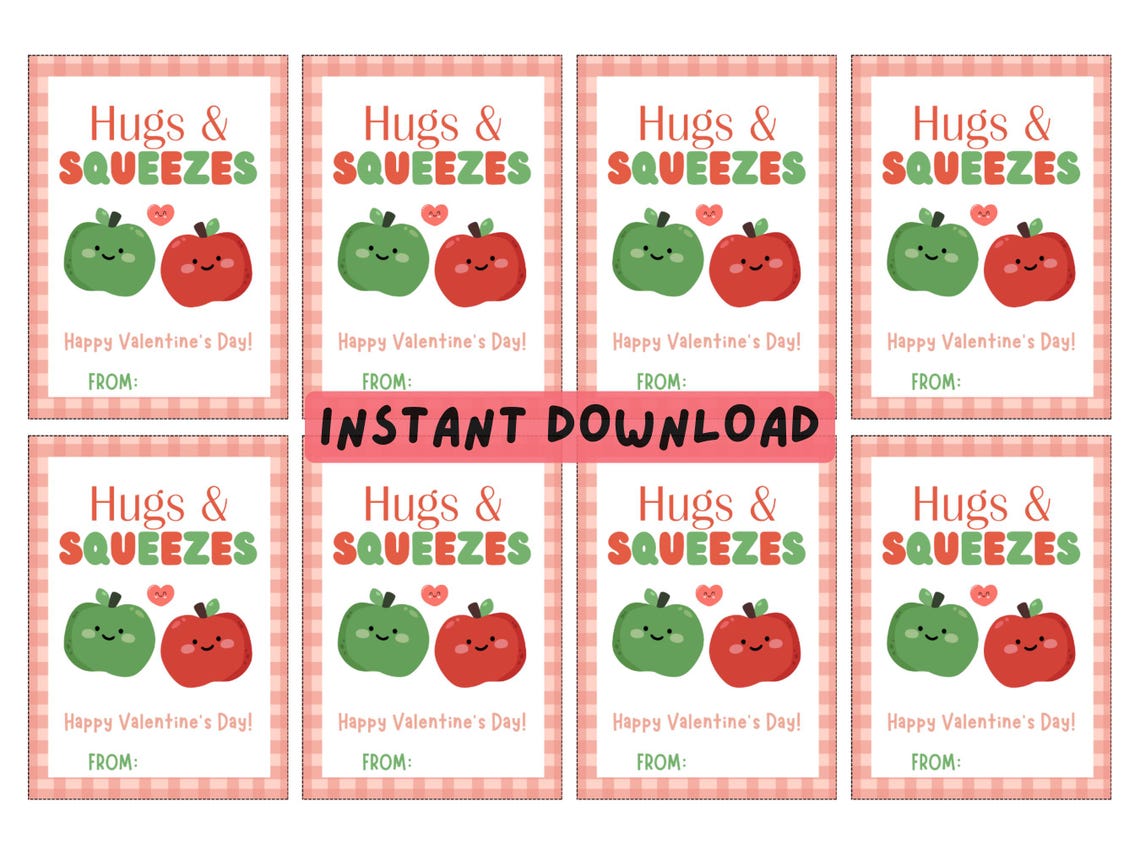 Hugs and Squeezes, Valentine Printable, Valentines Tag, Class Treat ...