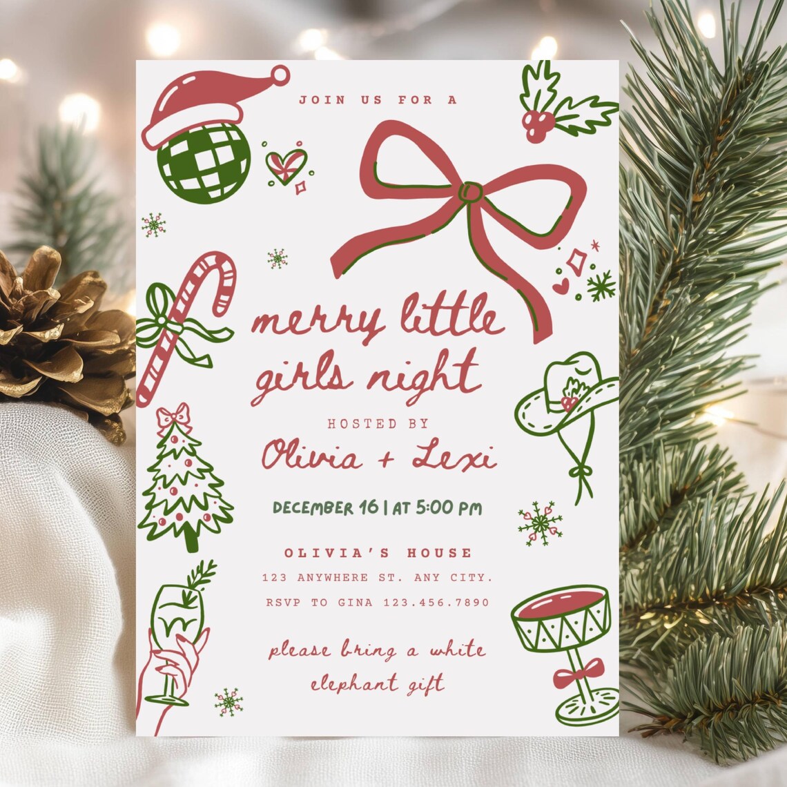 Christmas Girls Night in Invite, Hand Drawn Christmas Invitation ...
