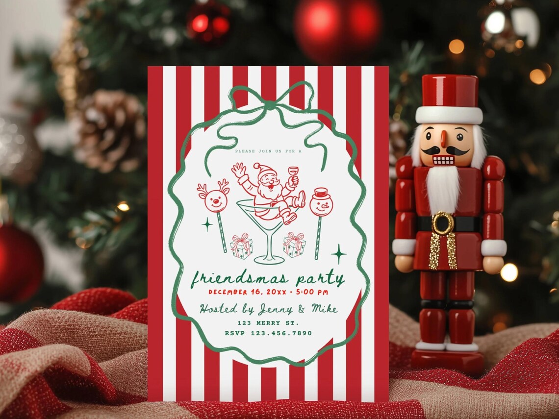 Friendsmas Christmas Party Invite, Whimsical Hand Drawn Festive ...