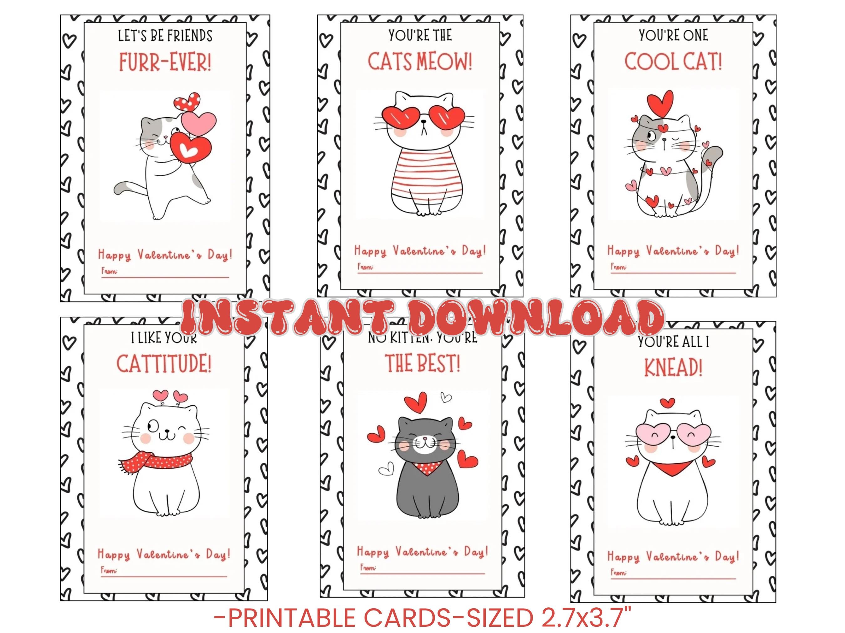 Cat Valentines Day Cards, Printable Classroom Valentine’s Day Cards for ...