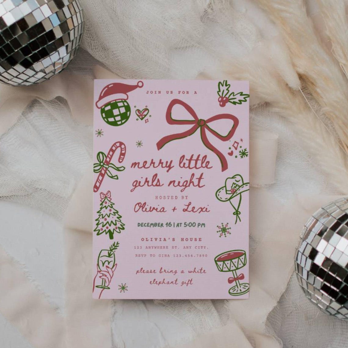 Christmas Girls Night in Invite, Hand Drawn Christmas Invitation ...