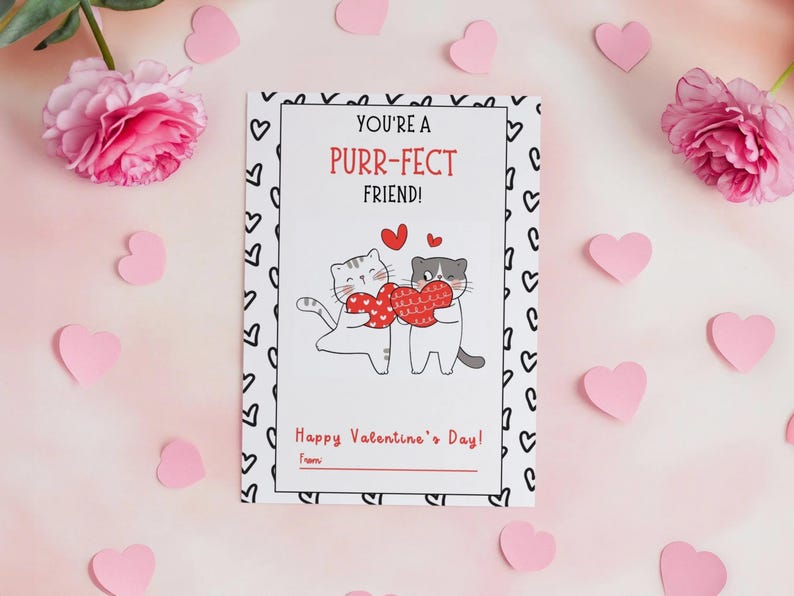 Cat Valentines Day Cards, Printable Classroom Valentine’s Day Cards for ...