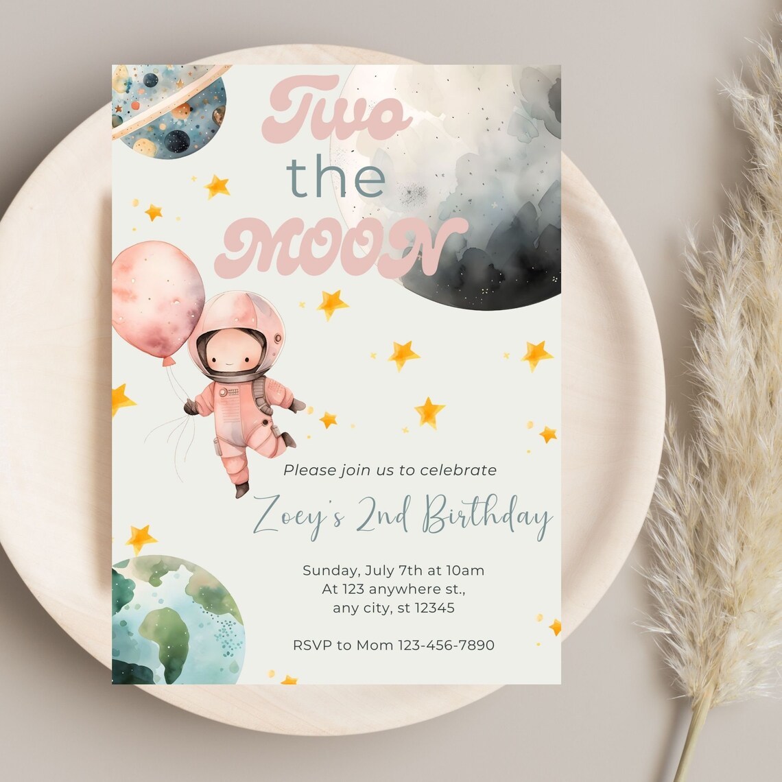 Editable Two the Moon Birthday Invitation, Outer Space 2nd Birthday ...