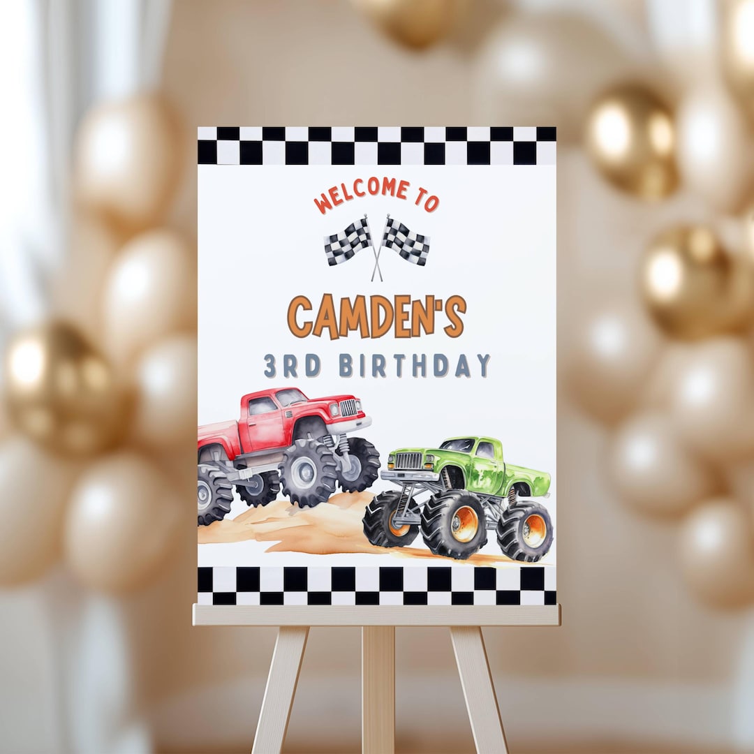 Monster Truck Birthday Welcome Sign, Monster Trucks Birthday Sign, Boy ...