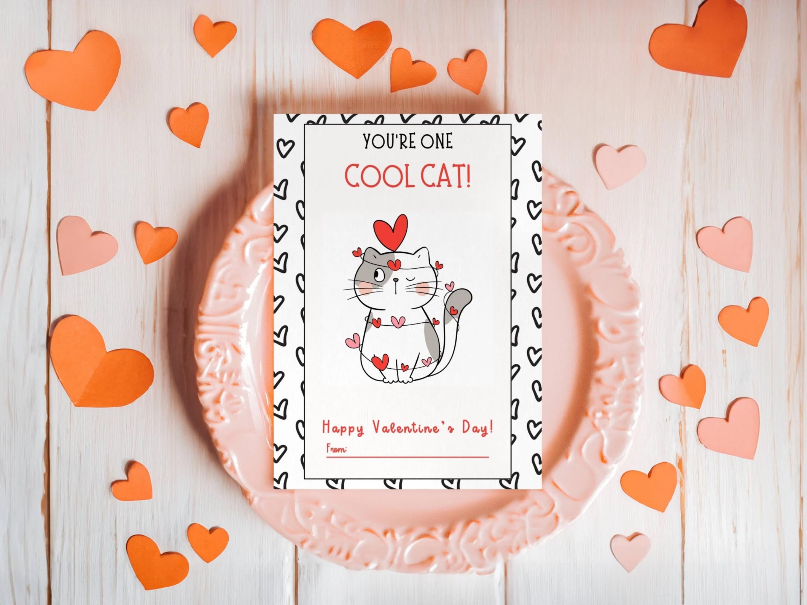 Cat Valentines Day Cards, Printable Classroom Valentine’s Day Cards for ...