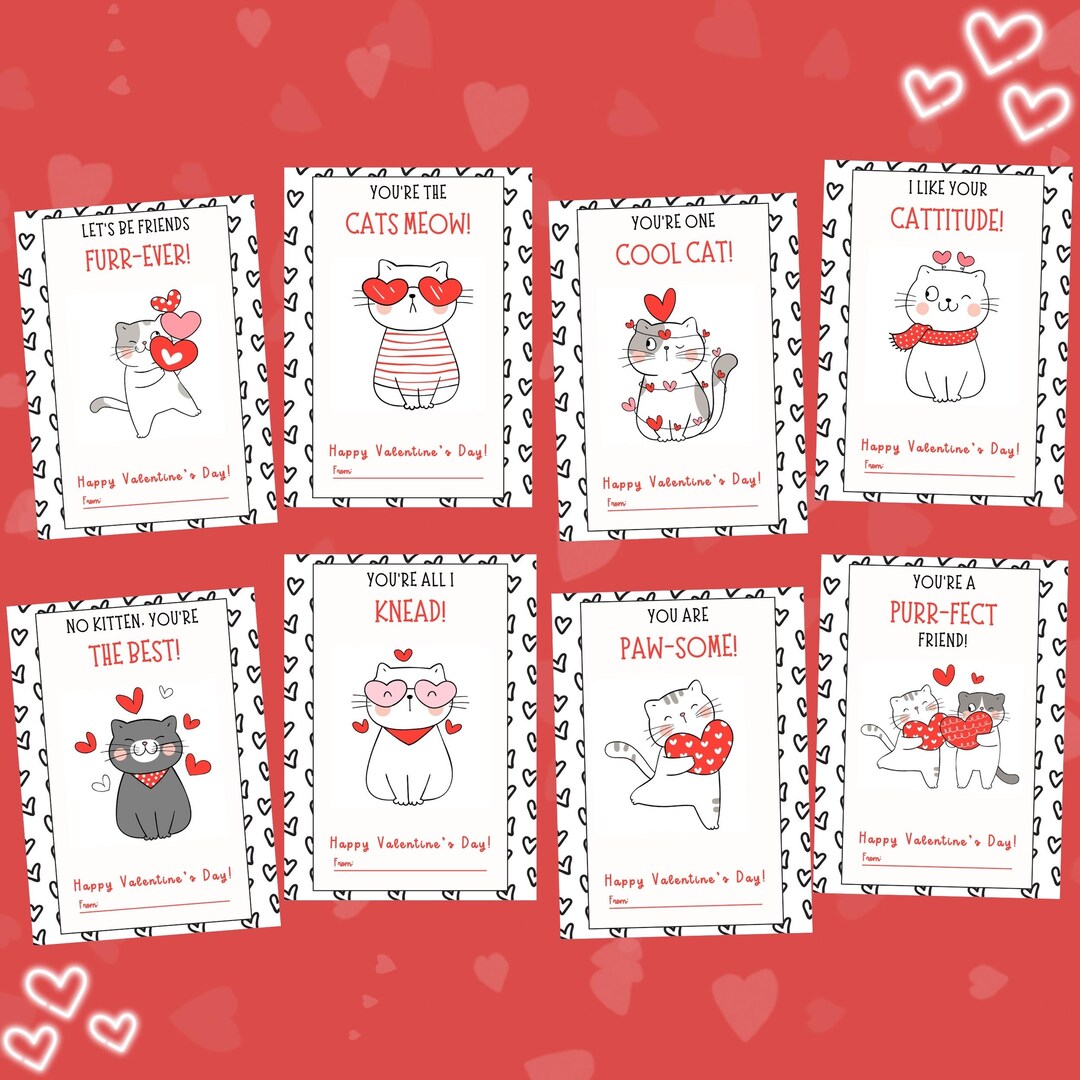 Cat Valentines Day Cards, Printable Classroom Valentines Day Cards for ...