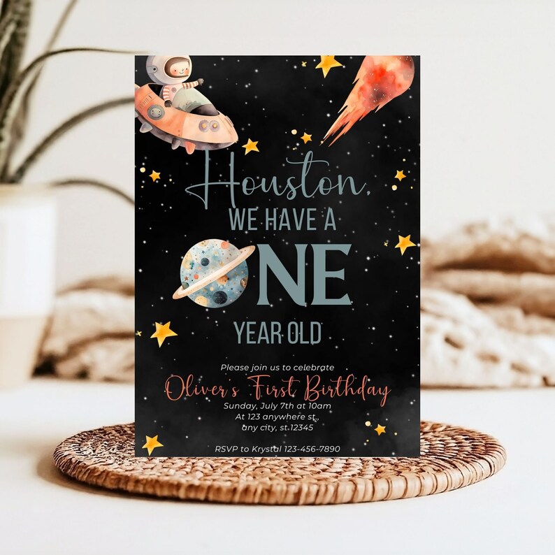 Editable Space First Birthday Invitation, Canva Template (digital ...