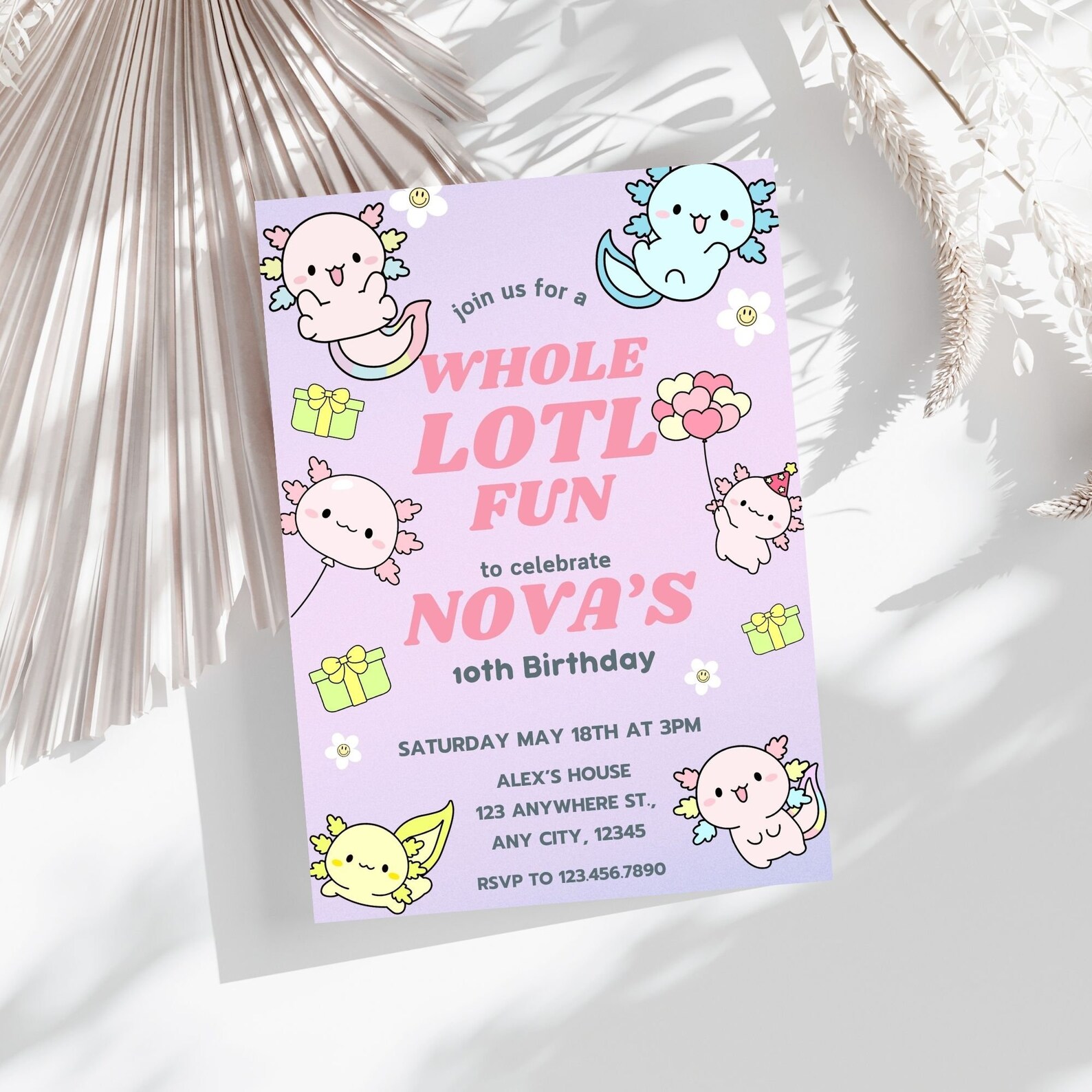 Editable Axolotl Birthday Invitation Digital Birthday Invitation ...