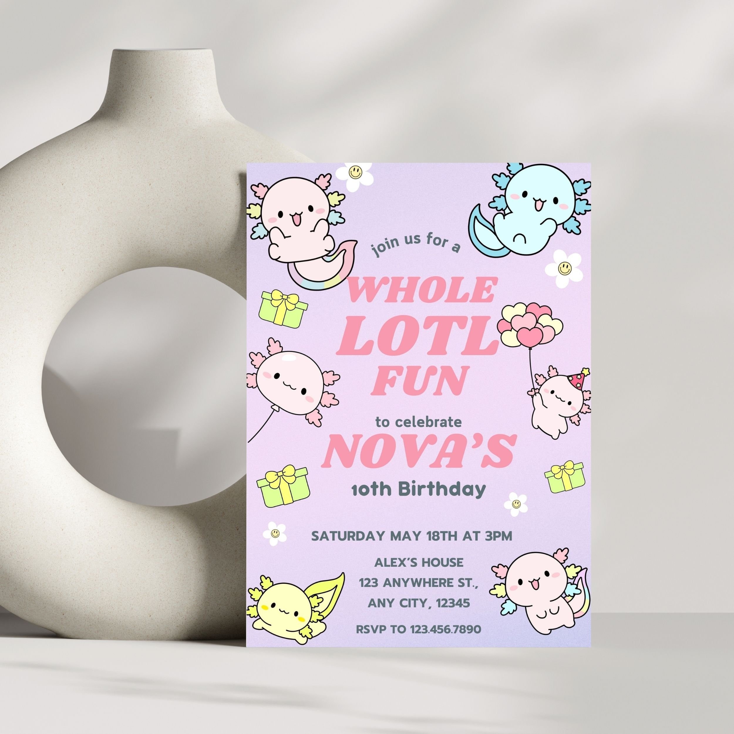 Editable Axolotl Birthday Invitation Digital Birthday Invitation ...