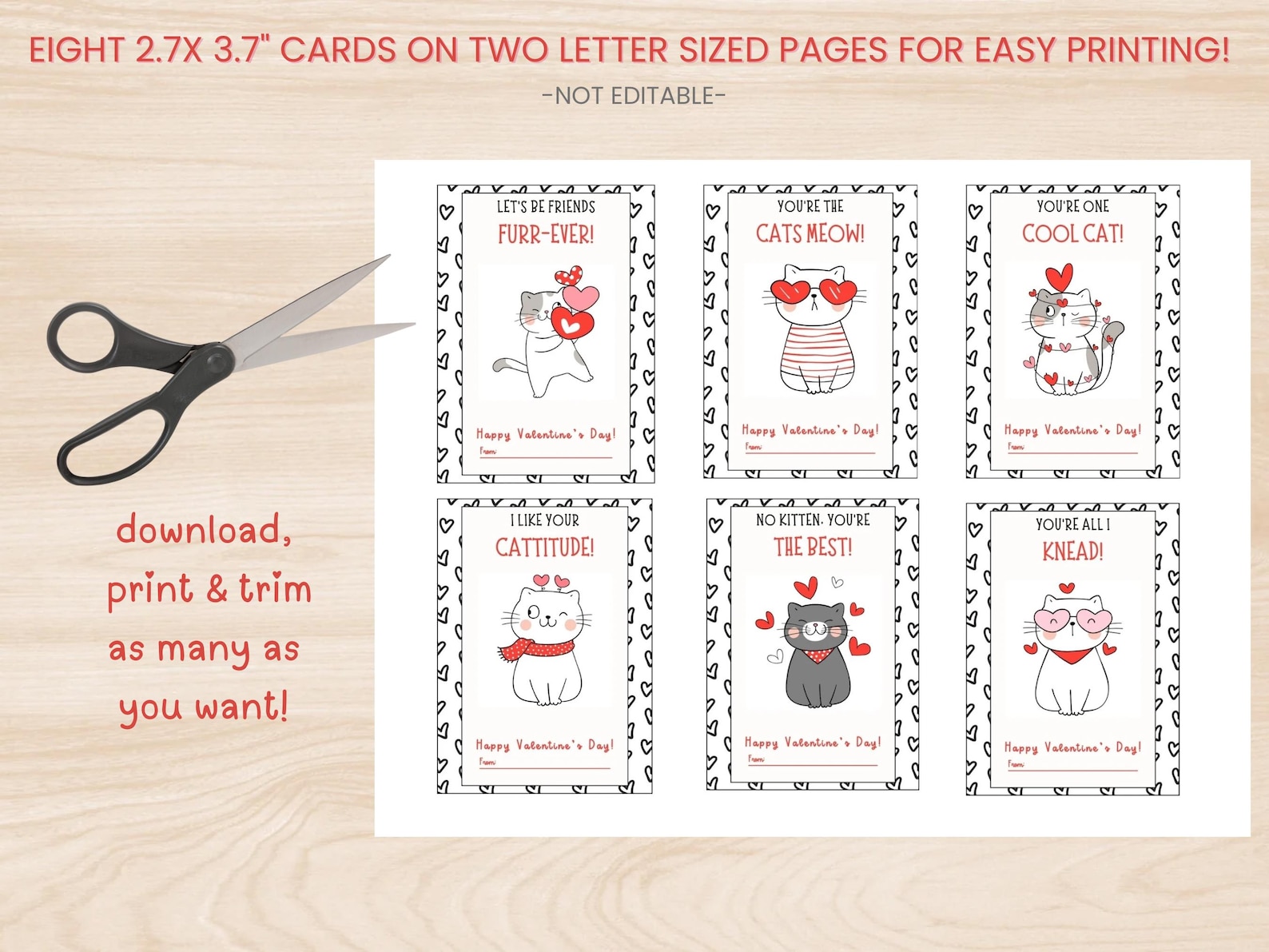 Cat Valentines Day Cards, Printable Classroom Valentine’s Day Cards for ...