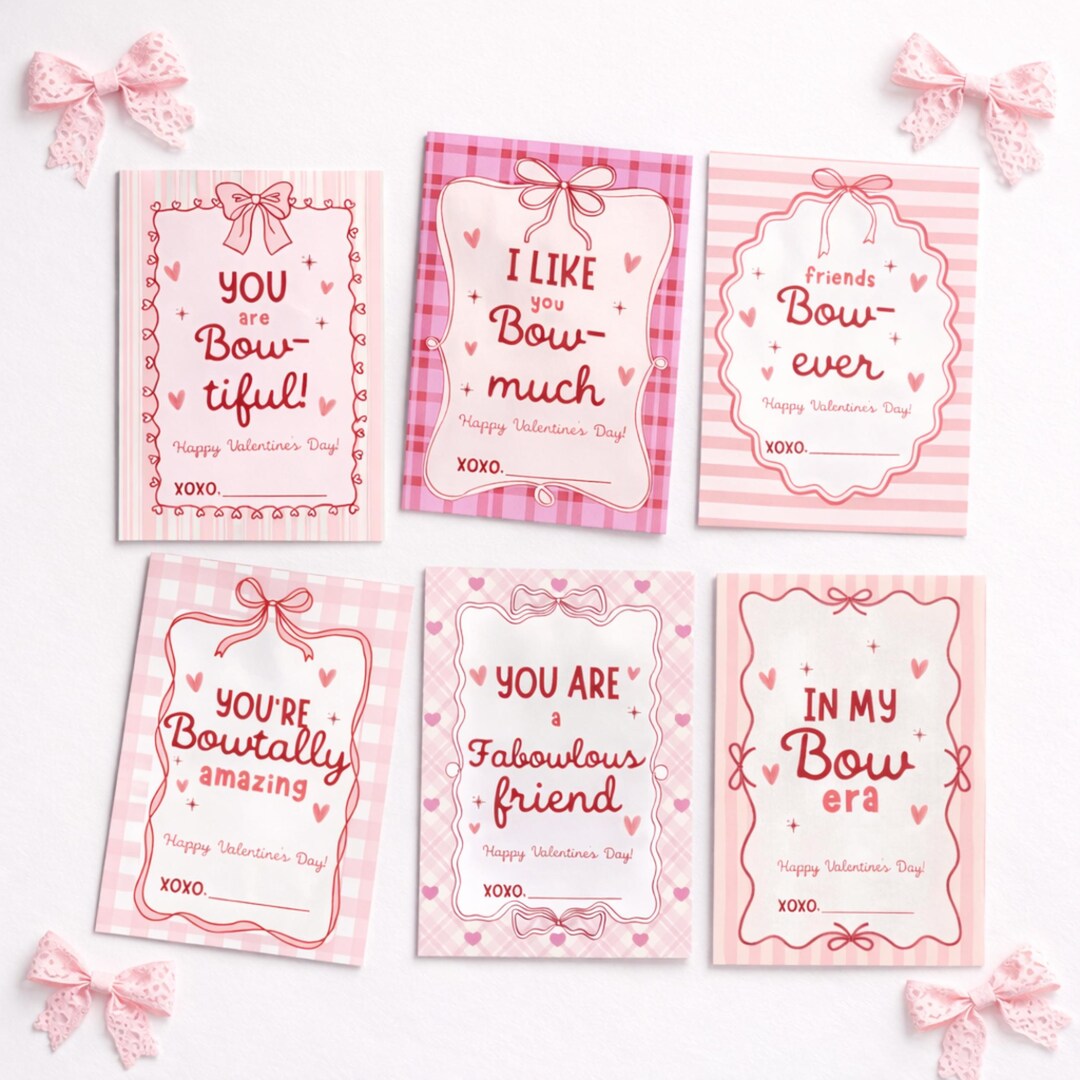 Coquette Pink Bow Valentine Cards, Classroom Valentines for Kids, Girly ...
