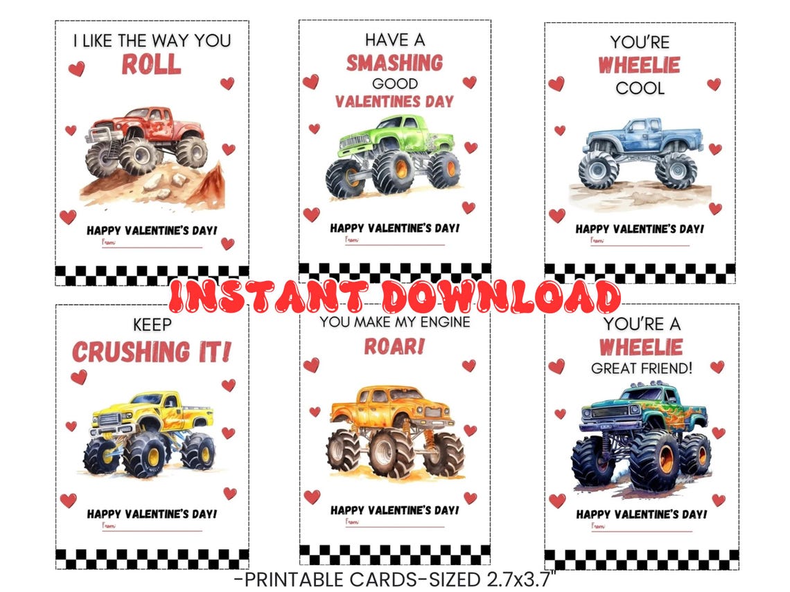 Monster Truck Valentine’s Day Cards, Kids Printable, Classroom ...