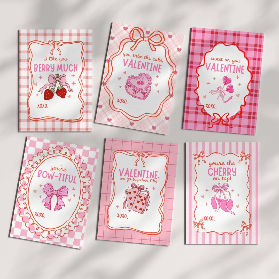 Coquette Valentine Cards for Kids, Pink Bow Valentines, Cute Classroom ...