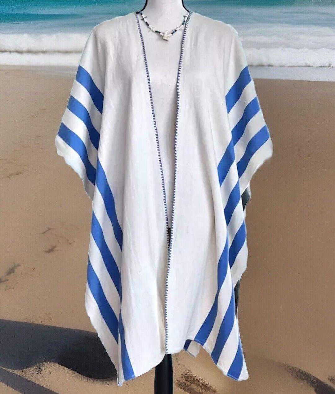 Handwoven Cotton Stripped Unisex Ruana Oaxaca Mexico Ivory/blue - Etsy