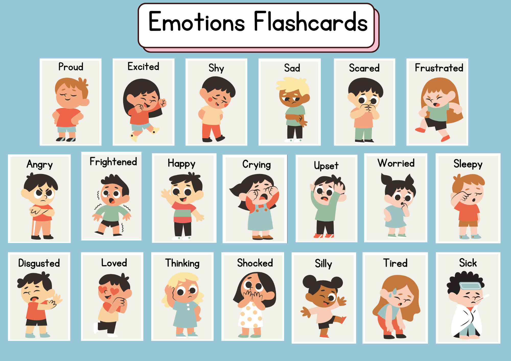 Emotions Flashcards for Kids | Colorful A4 Printable Flashcards | 20 ...