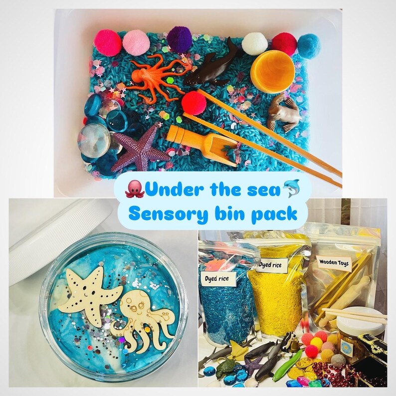 Under the Sea Sensory Bin: Ocean Animals, Dyed Rice, Wooden Tools - Etsy