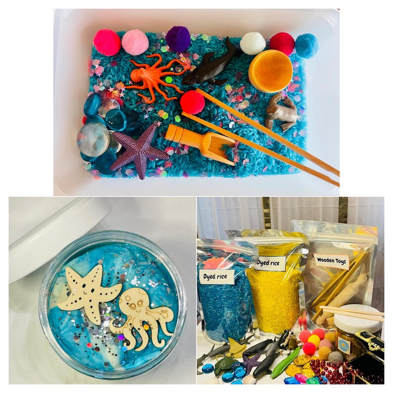 Under the Sea Sensory Bin: Ocean Animals, Dyed Rice, Wooden Tools - Etsy