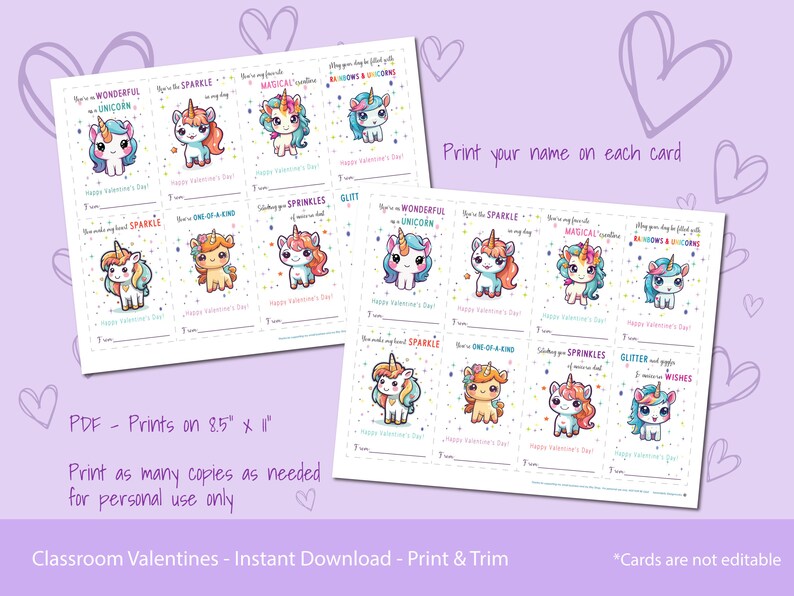 Printable Kids Valentine's Day Cards With Cute Unicorns Classroom ...