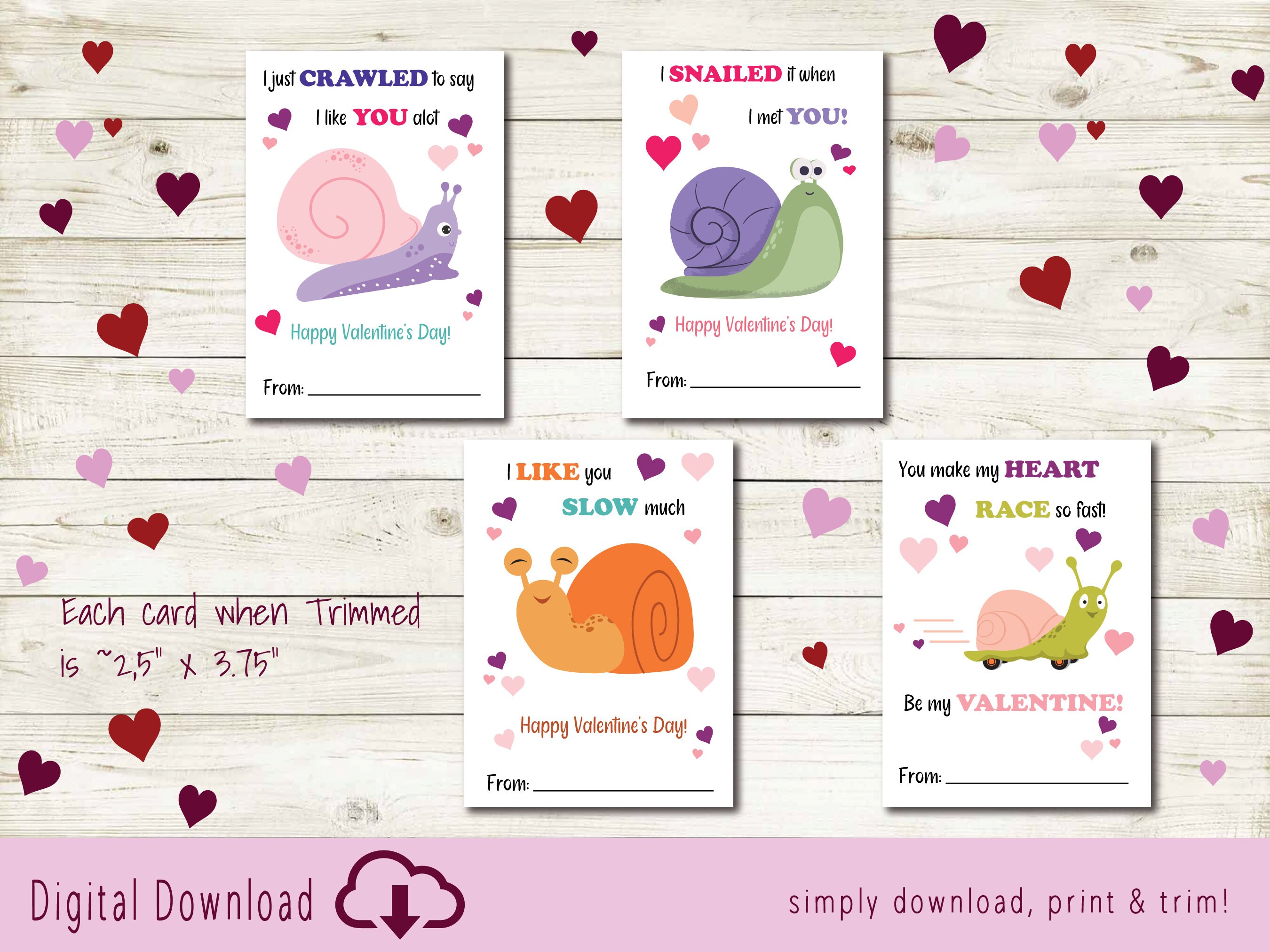 Printable Kids Valentine's Day Cards Cute Snail Valentines Classroom ...