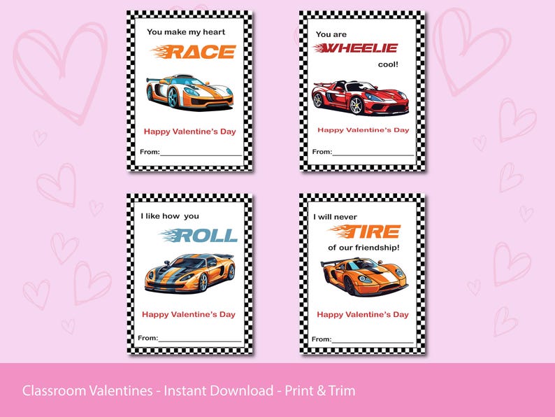 Printable Sport Car Kids Valentine's Day Cards Valentines Classroom ...