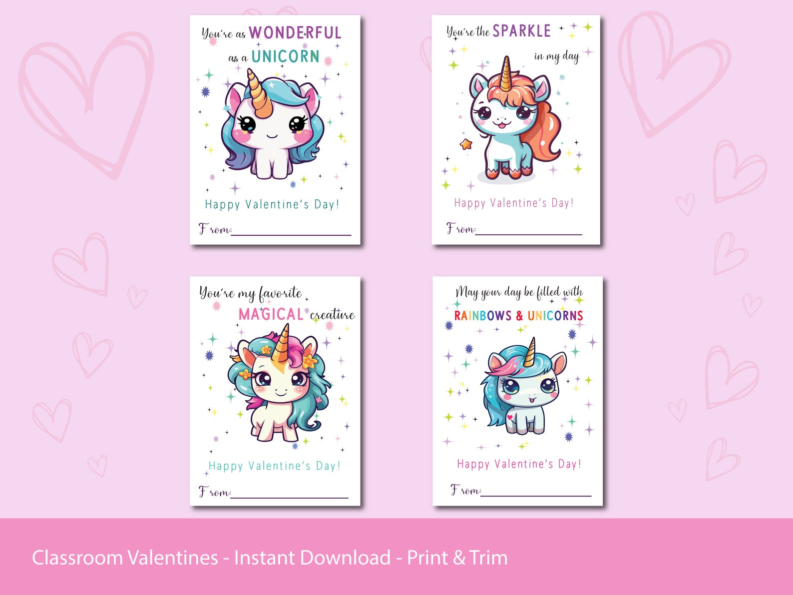 Printable Kids Valentine's Day Cards With Cute Unicorns Classroom ...