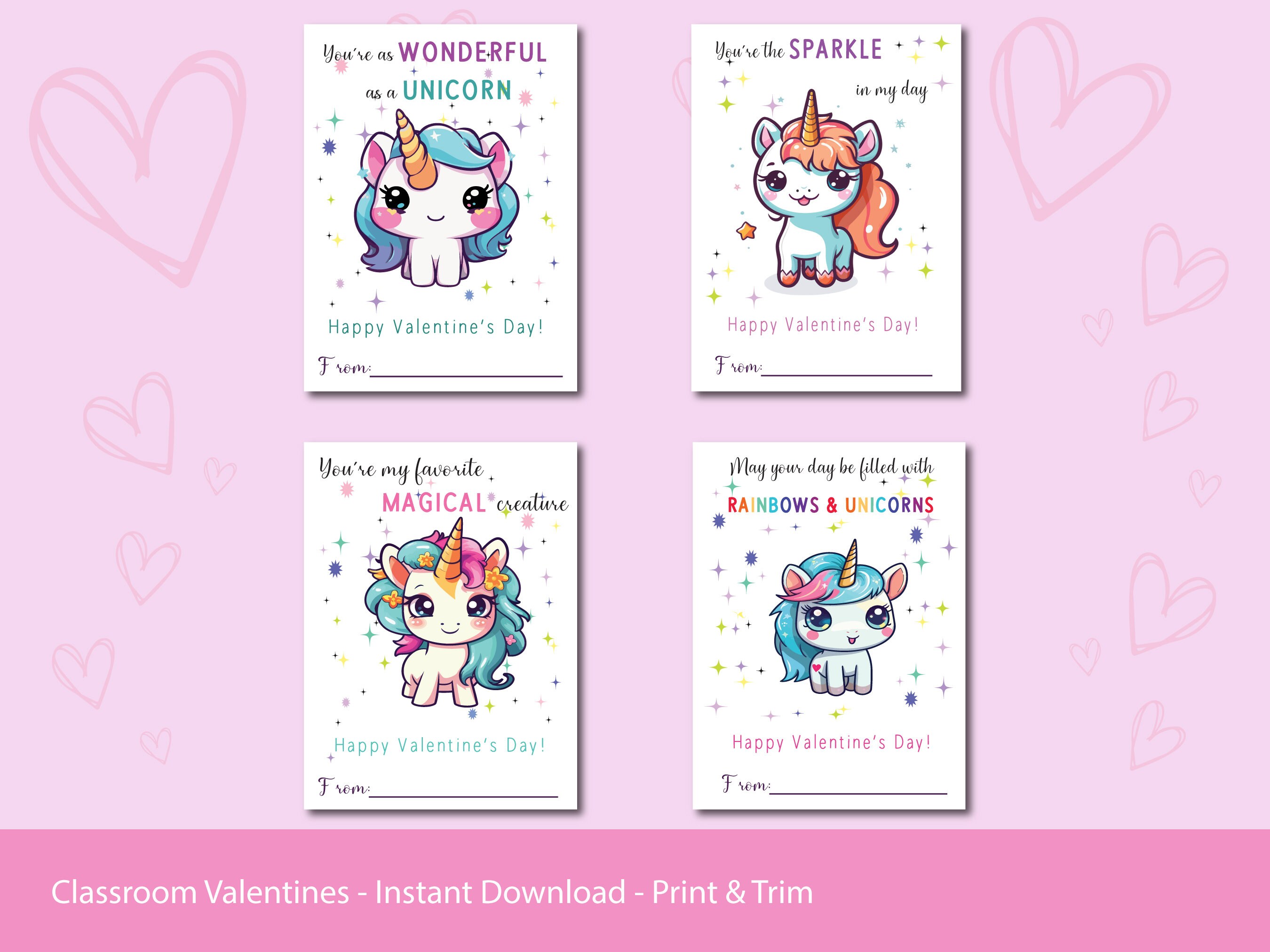 Printable Kids Valentine's Day Cards With Cute Unicorns Classroom ...