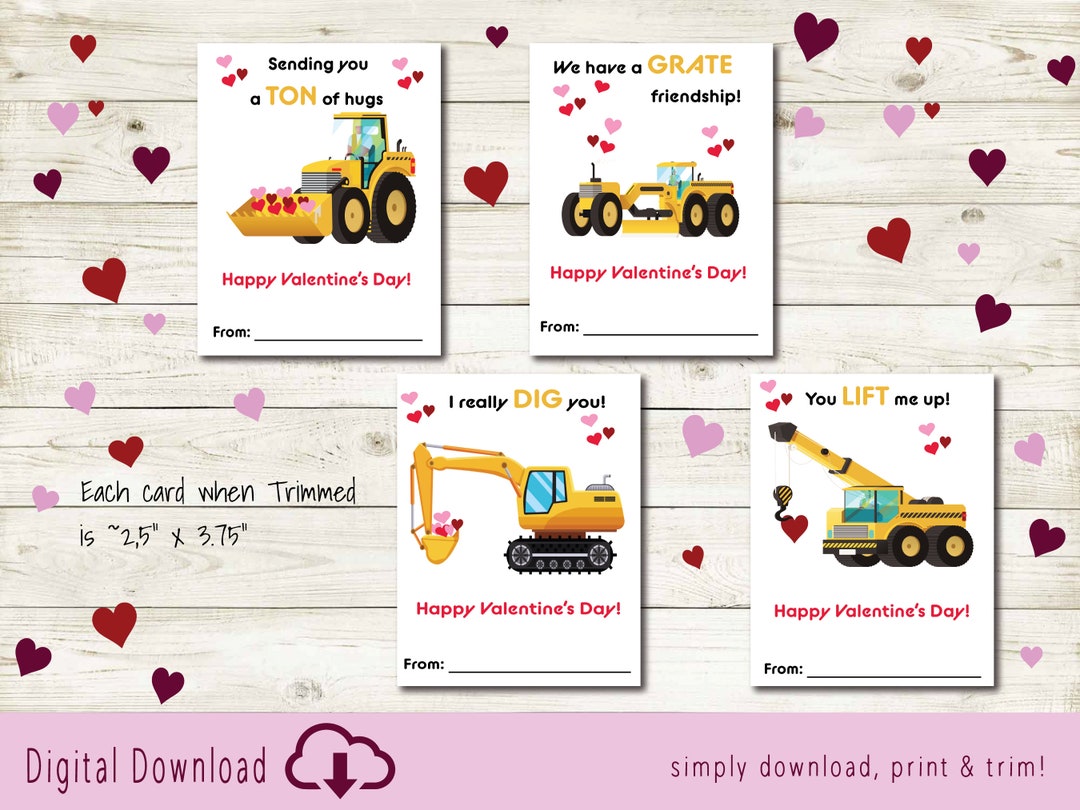 Printable Kids Valentine's Day Cards Construction Valentines Classroom ...