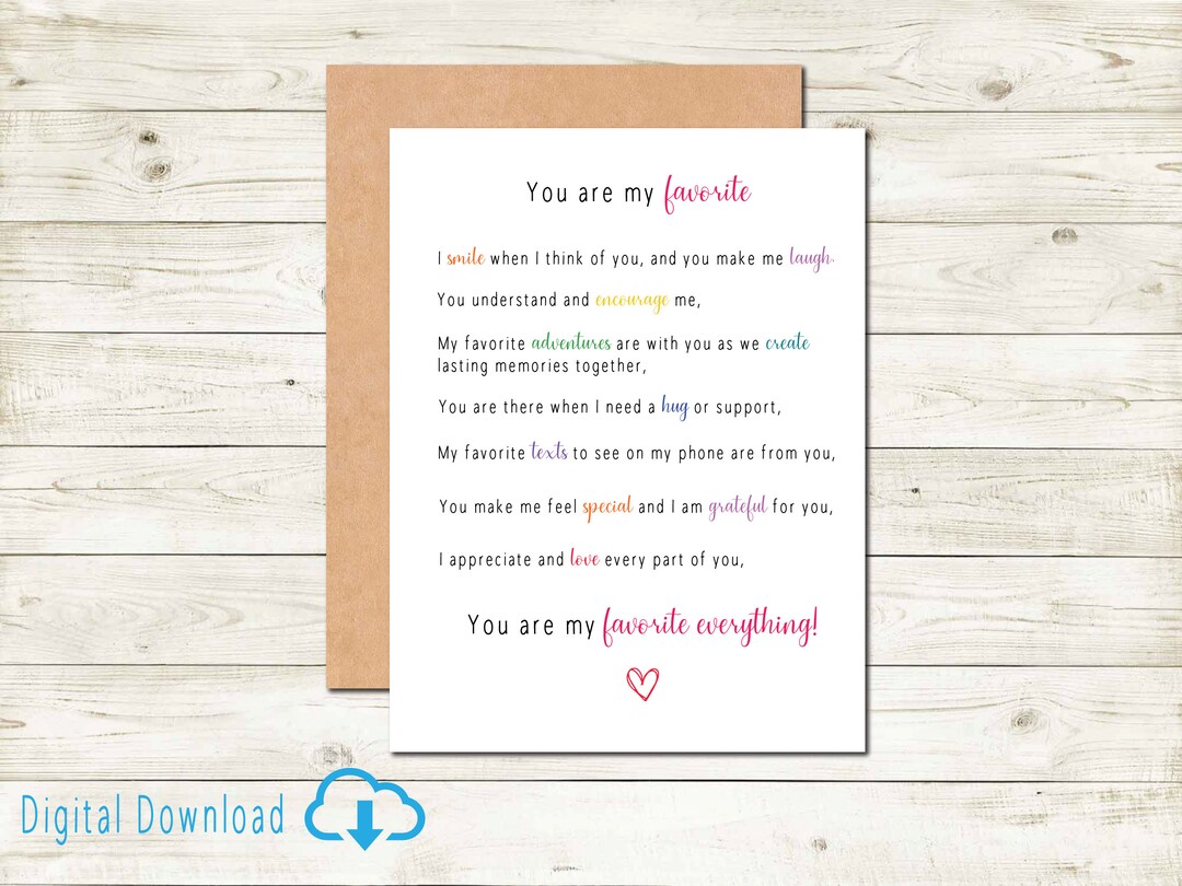 Printable You Are My Favorite Card Valentine's Card for Him Valentine's Card for Her Love You ...